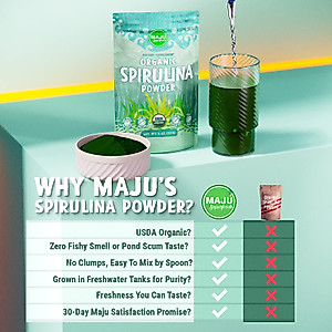 MAJU's Organic Spirulina Powder .5 lb, Microcystin Free, Non-Irradiated, Preferred to Chlorella, Preferred to Hawaiian & Blue Algae, Pure Vegan Green Protein