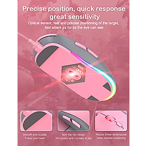 PHNIXGAM Cat Paw RGB Gaming Mouse, Silent Optical Computer Mice USB Wired with 6 Adjustable DPI Up to 7200, RGB Lighting, 6 Programmable Buttons for Windows/Vista/Linux (Pink)