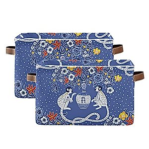 susiyo Foldable Storage Bins Chinoiserie Blue Vintage Monkey Fabric Storage Cubes Bin Baskets with Handles Decorative Baskets for Shelves Closet Clothes Toys Home 2 Packs