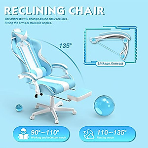 Ferghana Light Blue Gaming Chair with Bunny Ear, Cute Massage Gaming Chairs for Adults & Teens, Office PC Gamer Chair with Footrest, Kawaii Computer Game Chair for Girls, Racing Reclining Silla Gamer