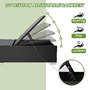 LHBcraft Outdoor PE Wicker Chaise Lounge Set, Patio Lounge Chairs, Rattan Adjustable Reclining Lounge Chairs with Cushions and Matching Storage Table (Two Chair + one Table)