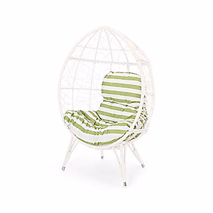 Valerie Outdoor Wicker Teardrop Chair with Cushion, White and Green