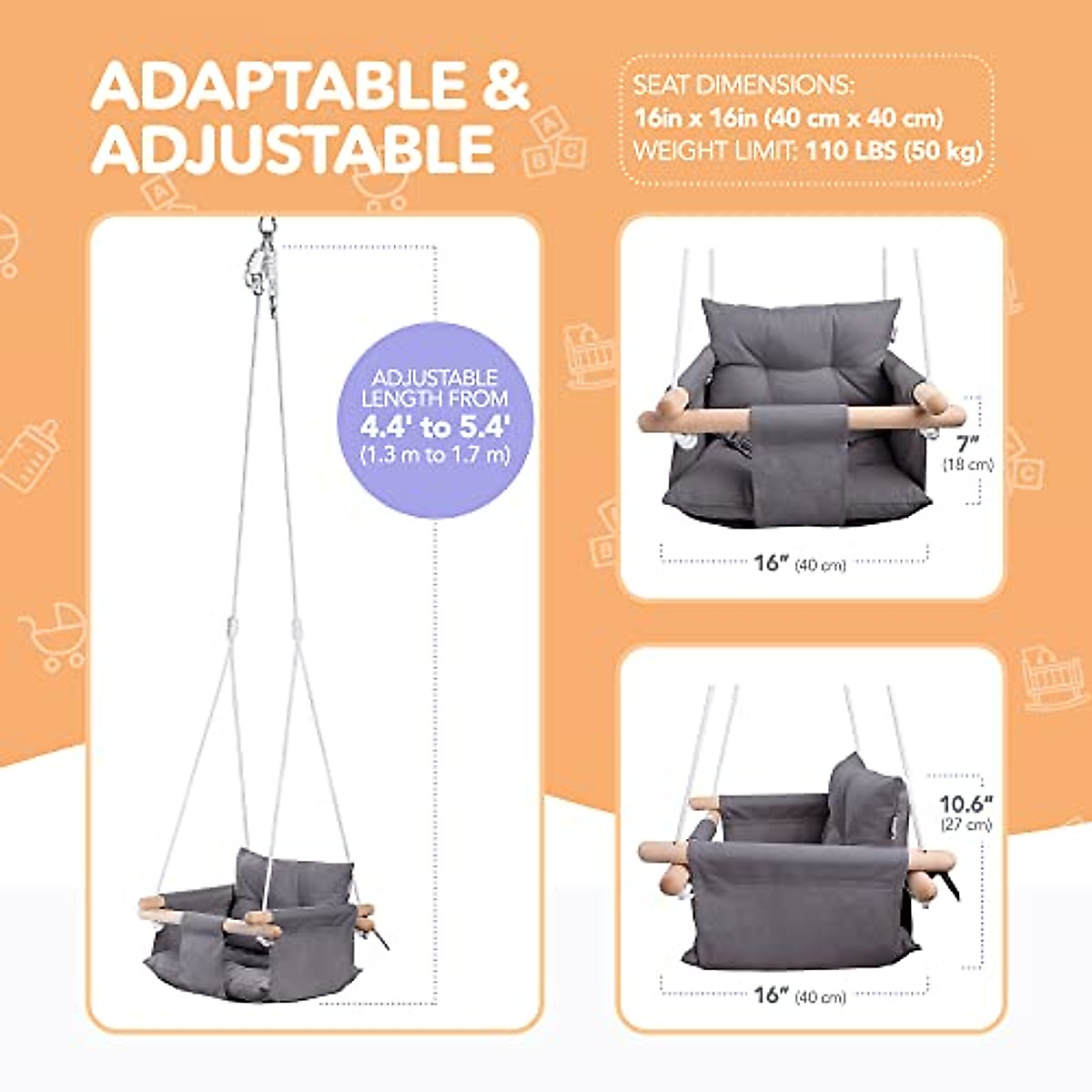 CaTeam - Canvas Baby Swing, Wooden Hanging Swing Seat Chair with Safety Belt, Durable Baby Hammock Chair, Outdoor and Indoor Swing for Kids, Mounting Hardware Included, Dark Gray