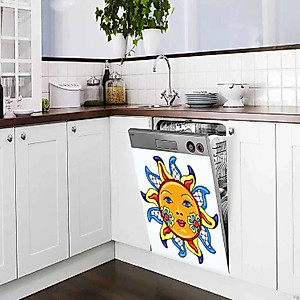 Dishwasher Magnet Cover Mexican Sun with Ornamental Flowers Traditional Decorative Object Magnetic Refrigerator Stickers Decorative Appliance Cover Fridge Panels Metal Door Garage 23x26in