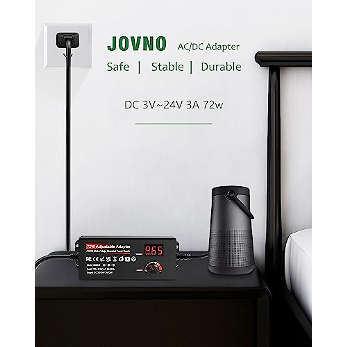 JOVNO Universal Power Supply 3V-24V 3A 72W Adjustable AC/DC Adapter 100~240V AC to DC 5V 9V 12V 15V 19V 20V with LED Display 14 Plugs 1 Reverse Polarity Converter Cable for LED Strips Motors Speaks