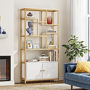 Tribesigns White Gold Bookshelf Bookcase with Doors 74 Inches Tall Bookshelf, Modern Gold Bookshelf 6 Tier Display Shelf Etagere Bookcase Narrow Metal Bookshelf for Living Room, Bedroom, Office
