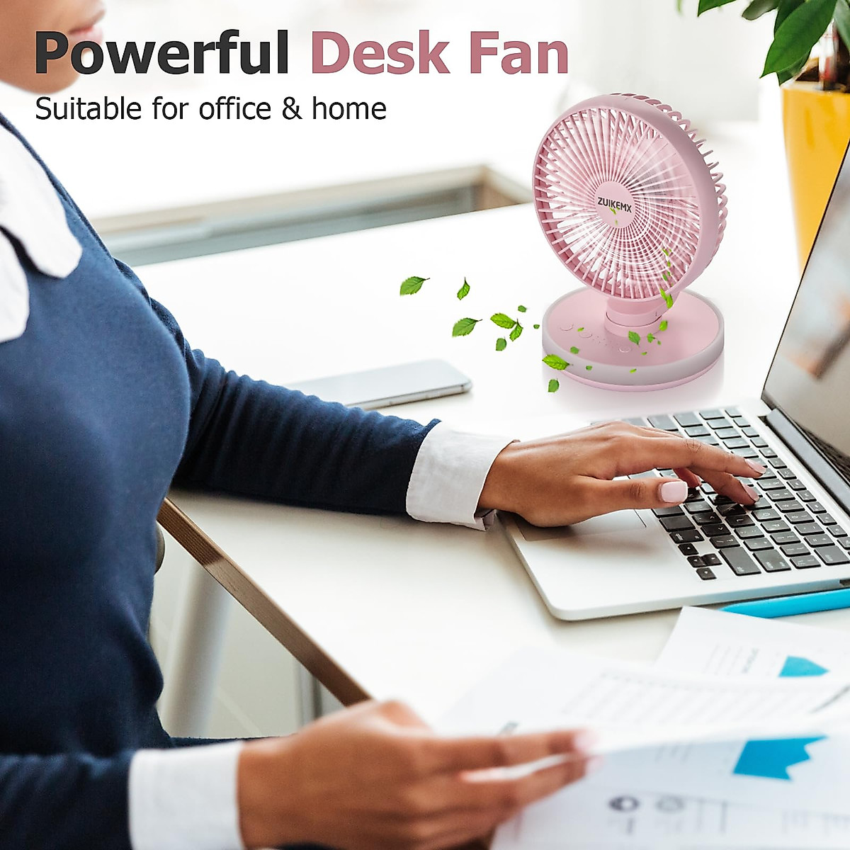 Portable Desk Fan with Circular LED Lights, 4 Speeds, 90° Rotation Adjustable Oscillating Fan, 4000mAh Rechargeable Fan, Battery Powered Quiet Personal Fan for Home Office, Detachable Cleaning (Pink)