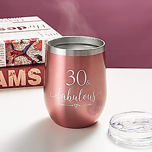 Crisky Rose Gold 30 & Fabulous Wine Tumbler for Women 30th Birthday Gifts for Women, Wife, Mom, Sister, Aunt, Friends, Coworker Her, Vacuum Insulated Coffee Cup,12oz with Box, Lid, Straw