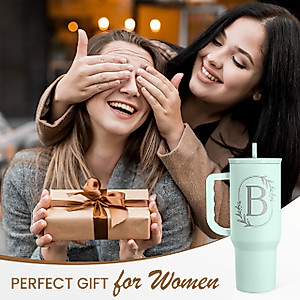 Personalized Monogrammed Tumbler with Handle 40oz, Letter B Tumblers Insulated Coffee Travel Cup, Custom Initial Gift for Women Girls Friends, Monogram Gift for Christmas Birthday Mothers Day