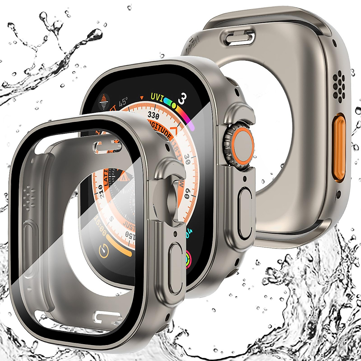 Wingle 2 in 1 Waterproof Case for Apple Watch Ultra 2 Screen Protector 49mm Case Cover, 2 Pack 360 Protective Glass Face Cover Hard PC Bumper + Back Frame for iWatch Ultra/Ultra 2 49 mm, Titanium
