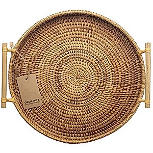 DECRAFTS Rattan Round Serving Tray Wicker Woven Bread Basket with Handles for Cracker Dinner Parties Coffee Table Breakfast (Natural 12.6 inches)