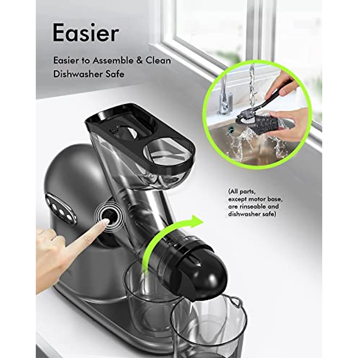 SiFENE Slow Masticating Juicer Machine, 3” Wide Dual Chute Cold Press Juicer with Anti-Clog Function, Ideal for Celery, Wheatgrass, Fruit and Vegetable Juice Extractor, BPA-Free, Easy to Clean