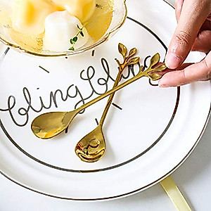 6pcs Stainless Steel Gold Leaf Coffee Spoon Creative Tableware Dessert Spoons,Tea Sugar Spoons Spoon Set for Ice Cream or Cake, Tea Spoon Set (Gold, 6)