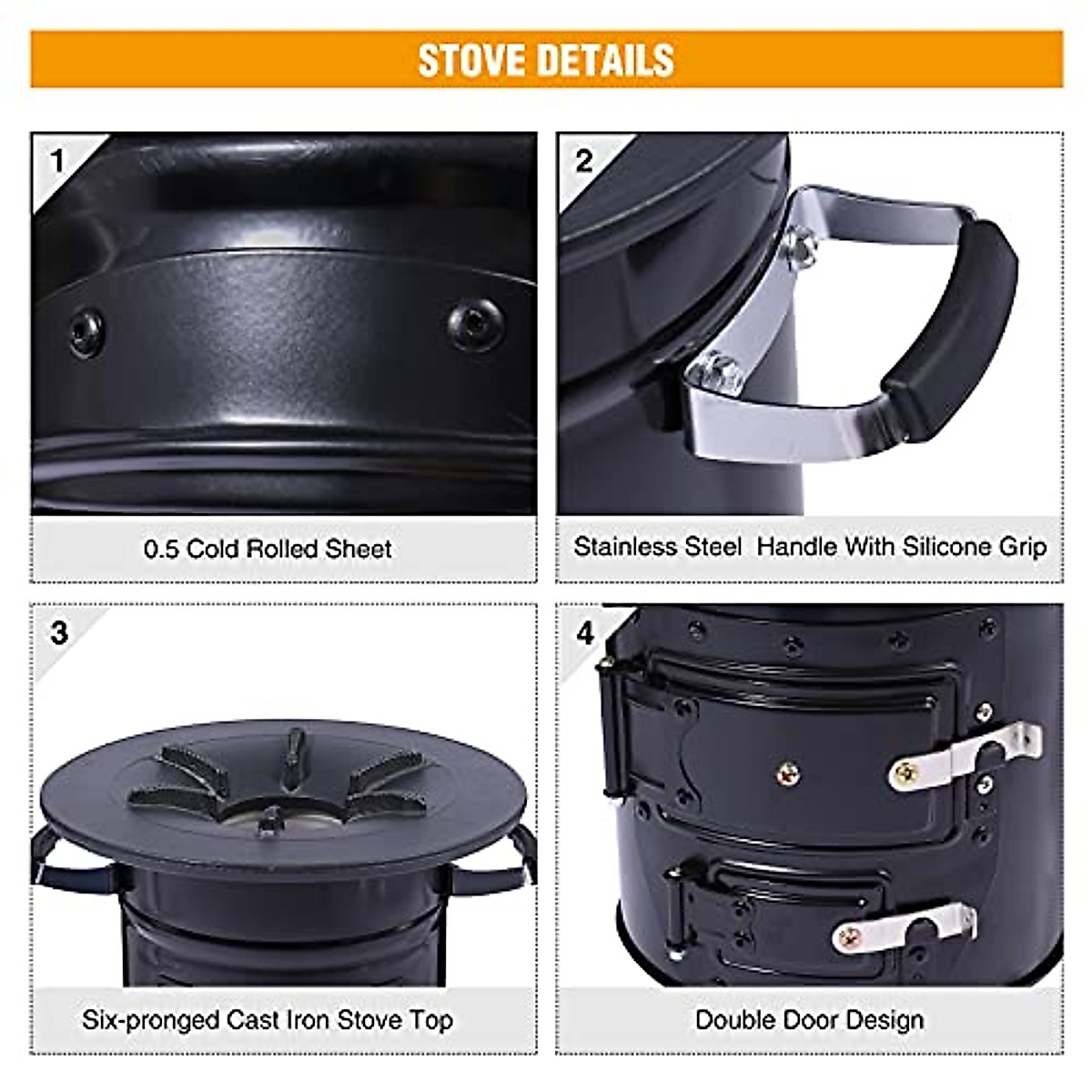 Lineslife Camping Rocket Stove Wood Burning Portable for Cooking, Outdoor Camping Wood Stove with Carry Bag for Backpacking Emergency RV Survival, Versatility of Fuel, Black Two Doors 12.6''