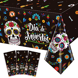 3 Pack Day of The Dead Party Tablecloth Decorations, Dia De Los Muertos Decor, Plastic Mexican Sugar Skull Floral Table Cover Backdrop for Halloween Mexican Fiesta Birthday Party Supplies, 54x108 Inch