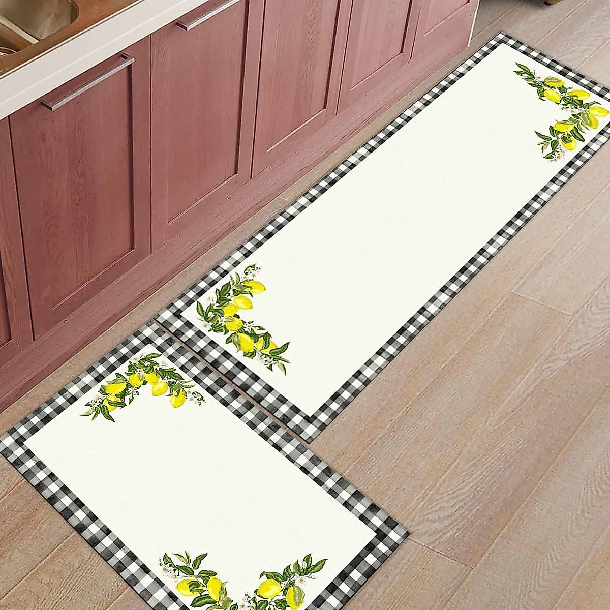 Lemon Kitchen Mats and Rugs Set, 2 Pcs Kitchen Mats for Floor, Non slip Kitchen Mat Waterproof Machine Washable Kitchen Rugs, Home Decor for Kitchen, Office, Laundry (19.7x31.5in+19.7x63in)