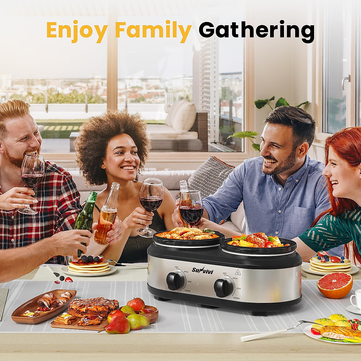 Sunvivi Dual Slow Cooker, Buffet Server and Food Warmer, Small Mini Pot with 3 Adjustable Temp & 2 Visible Glass Lids, for Parties, Holidays and Entertaining, Stainless Steel, Total 2.5 QT