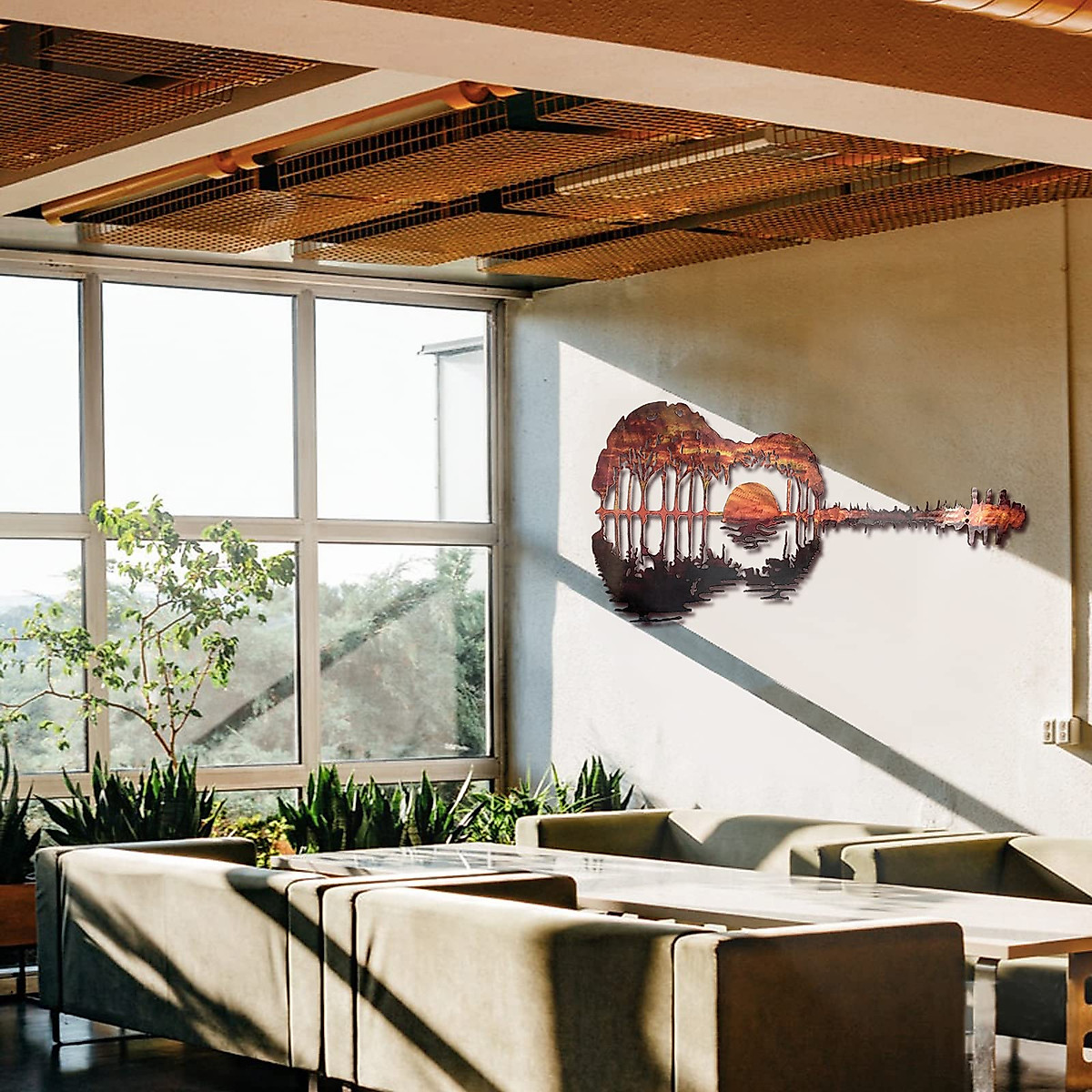 QZFSL 39' Music Guitar Metal Wall Art Decor Iron Guitar Custom Sunset Sign for Music Lovers Gift Musician for Home Bedroom Living Room Garden (Orange)