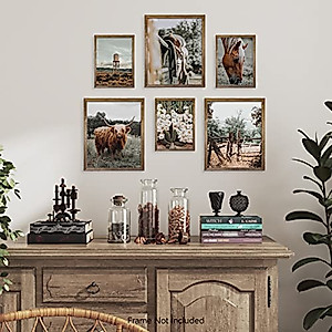 Rustic Farmhouse Bathroom Poster - Boho Western Decor - Highland Cow Pictures Wall Art - Old West Ranch Room Decor - Country Horse Cactus Print - Southwestern Farm House Animal - Gift Cowboy Cowgirl