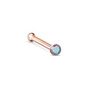 Rose Gold Plated 925 Sterling Silver Nose Stud Bone Ring 1.5mm Glued Aurora CZ 22G