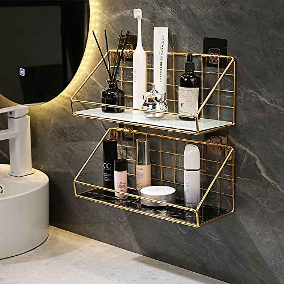 Shower Bathroom Caddy Gold Rust Proof No Drill Bottle Holder Adhesive Basket Organizer Wall Mount for College Gold white
