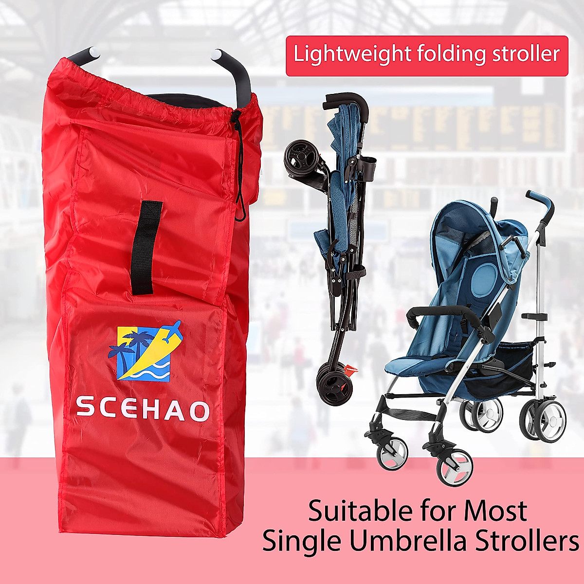 Stroller Bag for Airplane Travel,for Foldable Single Umbrella Strollers,with Storage Bag-Easy to Carry (Red)