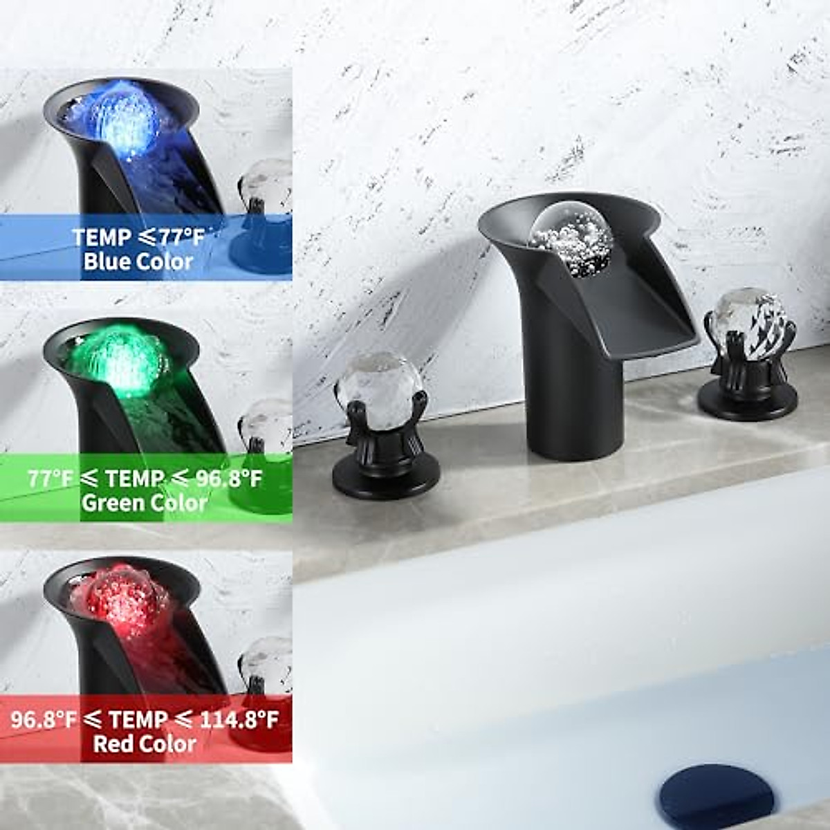 SKOWLL Waterfall Bathroom Faucet, Deck Mount 8 Inch Widespread Bath Sink Faucet 2 Crystal Handle Vanity Faucet with LED Light, Matte Black