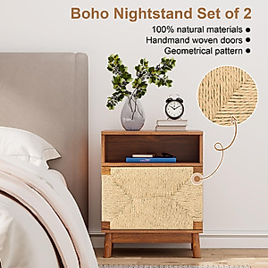 XIAO WEI Large Night Stand Set of 2 with Natural Paper Rope Hand-Woven Doors, Boho Nightstand Bed Side Table Accent End Table, Walnut