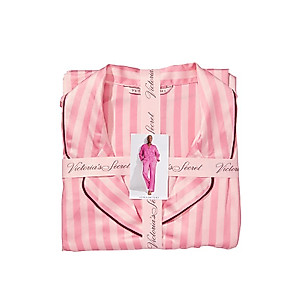 Victoria's Secret Silky Satin Two Piece Long Pajama Set, Satin Fabric, Unlined, Women's Pajamas, Pink (M)