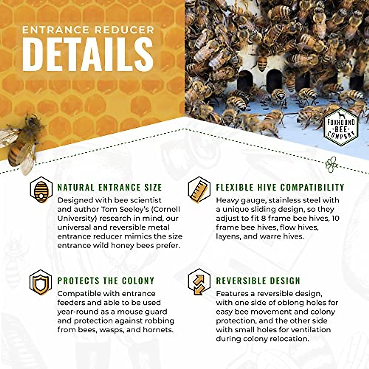 Entrance Reducer and Mouse Guard for 8 or 10 Frame Bee Hive, Used for Beekeeping with No-Rust, Universal Stainless Steel Metal Design for Winter and Year Around, 4-Pack