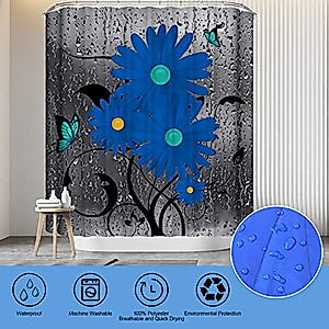 ALEXEX 4Pcs Blue Daisy Shower Curtain Sets with Non-Slip Rugs, Toilet Lid Cover and Bath Mat, Floral Butterfly Bathroom Decor Set Accessories Waterproof Shower Curtains with 12 Hooks, 72 x 72 Inch