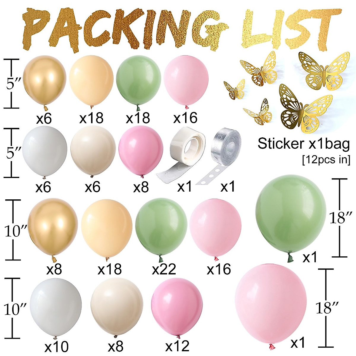 Sage Green And Pink Balloon Arch Kit With Shiny Gold Butterfly Stickers,177Pcs Pastel Green Blush Gold Balloon Garland For Spring Tea Party Decoration Wedding Bridal Baby Shower Fairy Balloon Arch
