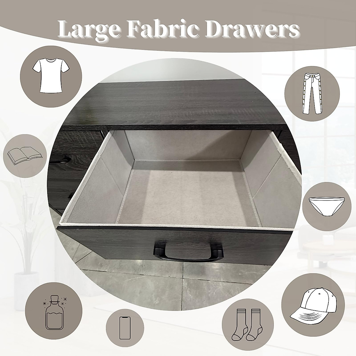 YMBSBUY 6 Drawer Dresser for Bedroom,Wood Chest of Drawers,Black Dresser TV Stand with Steel Frame for Storage and Organization,Large Fabric Dresser for Kids Bedroom,Living Room, Nursery,Closet