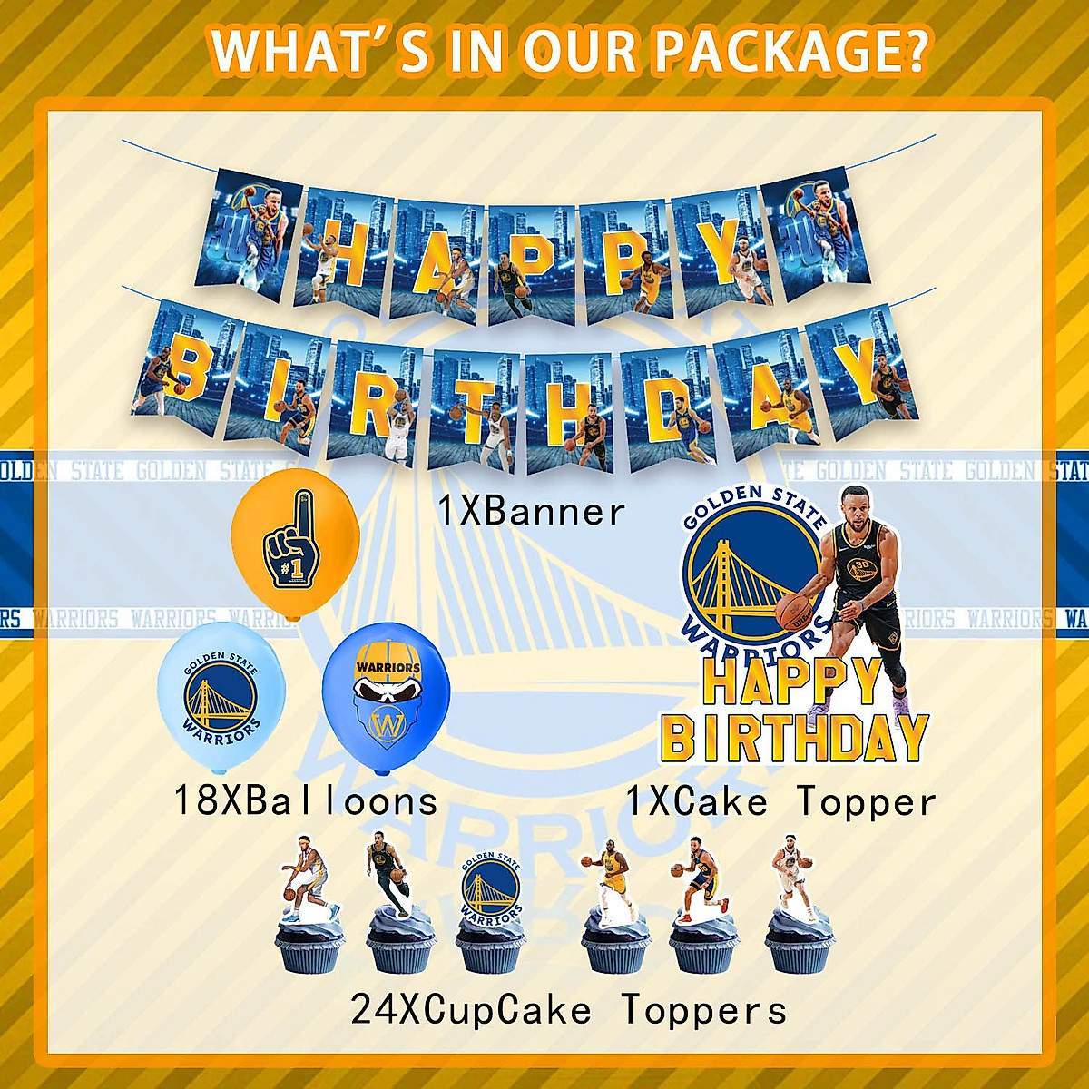 Golden State Warriors Birthday Party Decorations Stephen Curry Birthday Party Supplies Basketball Sports Birthday Party Favors includes Banner Balloons Cupcakes Cake Topper for Boys Girls Kids