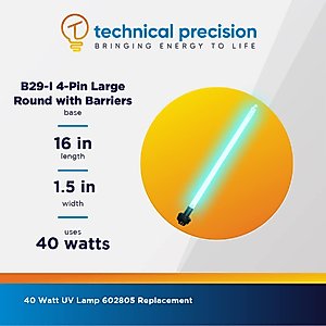 Technical Precision Replacement Bulb for Trojan Max C/D/D4 Systems 602805 IHS12-d4 40 watt UV Lamp 602805 Replacement - B29-I 4 Pin Large Round with Barriers - Clear Finish - 2 Pack