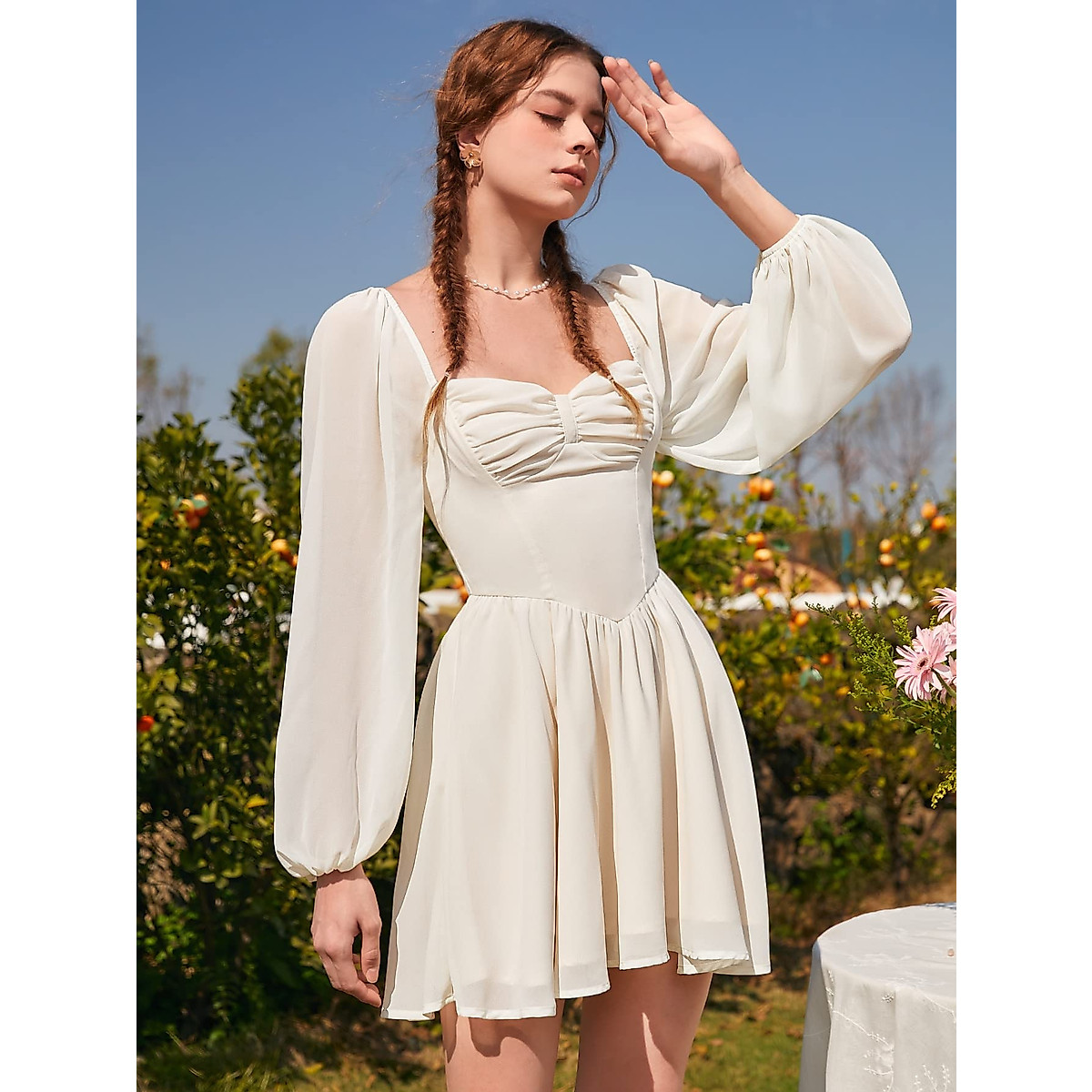 Verdusa Women's Long Sleeve Sweetheart Neck Lantern Sleeve Ruched Bust Ruffle Trim Mini Dress White XS