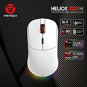 FANTECH Helios XD3 V2 Symmetrical Wireless RGB Gaming Mouse, PixArt 3370 19,000 DPI Kailh Switches 6 Programmable Buttons Professional Grade Small Size Mouse, Dual Modes Mouse, XD3V2 White