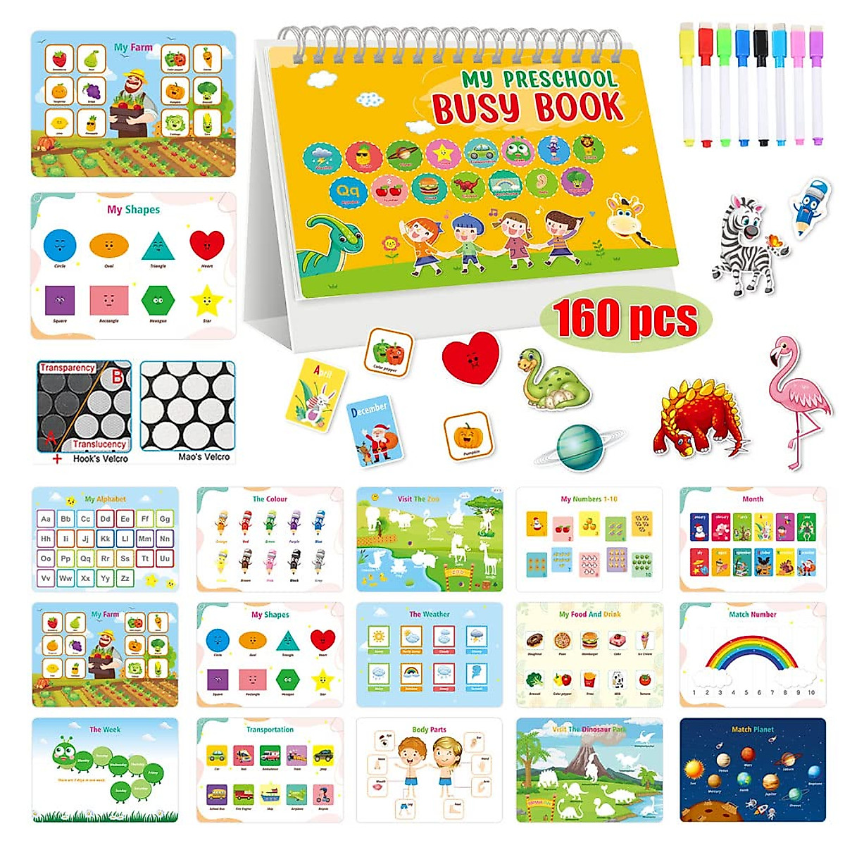 My Preschool Toys Gift for Kids & Toddlers Boy Girls,Reusable Waterproof Busy Book Quiet Book Activity Board Busy Educational Learning Toys Work Book(15 Themes-Style B)