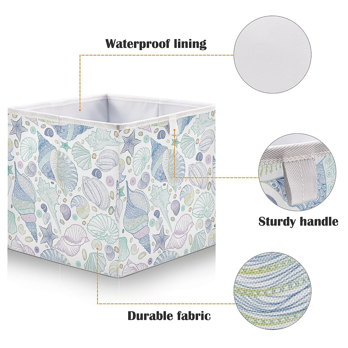 Burbuja Seashell Storage Cubes Fabric Storage Bins Foldable Closet Organizer Basket with Handle, 11x11x11 Cube