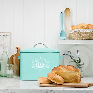 Extra Large Teal Farmhouse Bread Box for Kitchen Countertop - Breadbox Holder Fits 2+ Loaves - Bread Storage Container Bin - Rustic Bread Keeper Vintage Metal Kitchen Decor for Counter(Bread Box)