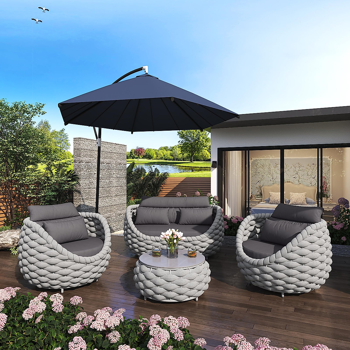 TWT Patio Furniture Set 4 Pieces Aluminum Outdoor Furniture w/27.8in Coffee Table,Patio Conversation Set with Hand Woven Polyester Rope for Backyard Garden Poolside,Gray