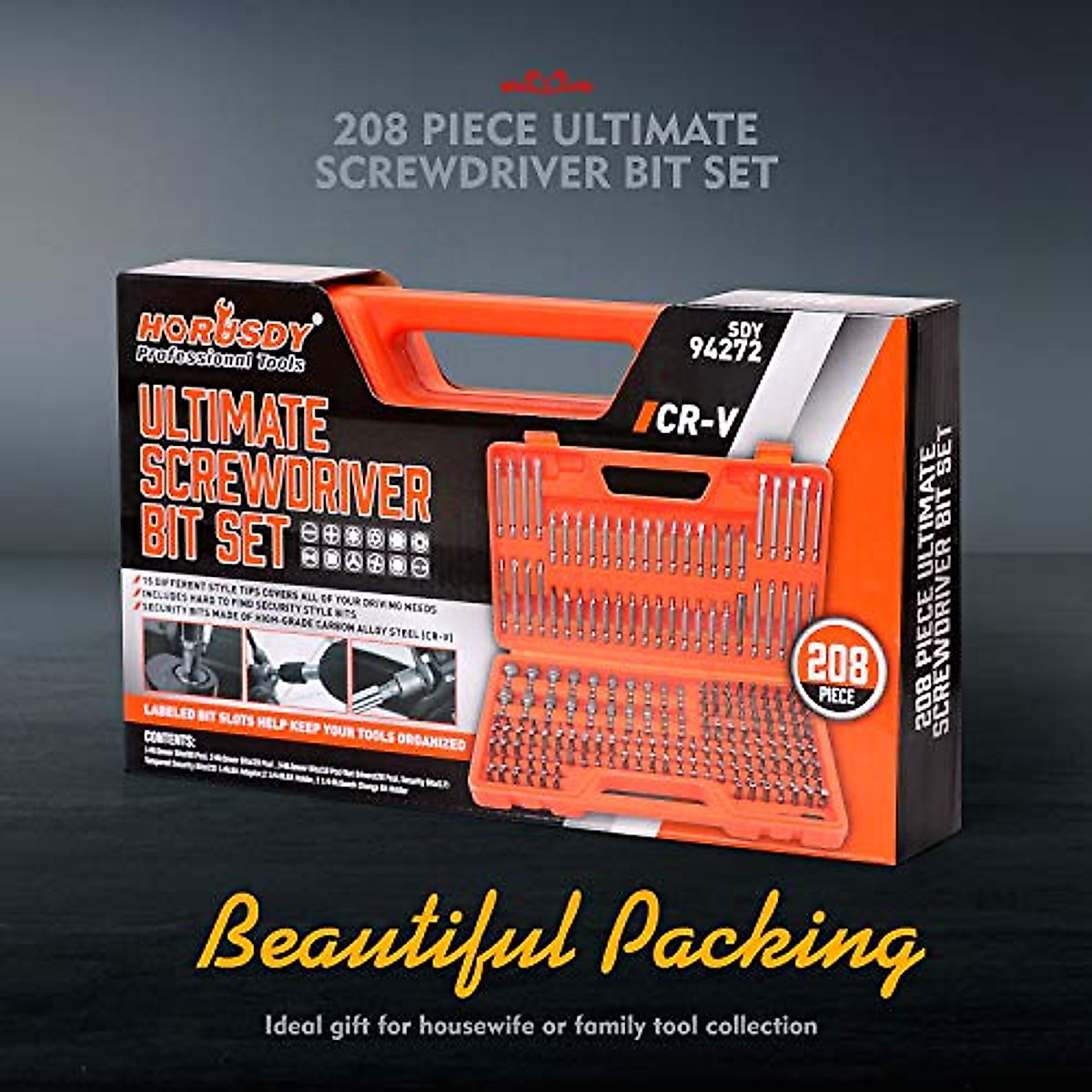 HORUSDY 208-Piece Professional Screwdriver Bit Set, Chrome Vanadium Steel Driver Bit Set, Includes Security Bits