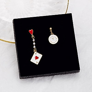 Asymmetric Clock Poker Dangle Earrings Red Heart Ace Enamel Gold Plated Playing Cards Earrings Creative Drop Earrings Jewelry for Women -Red