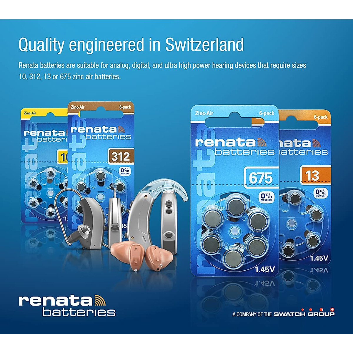 Renata Size 312 Zinc Air 1.45V Hearing Aid Battery - Designed in Switzerland (60 Batteries)