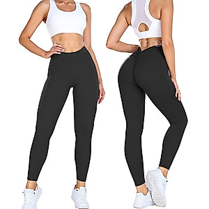 FITTOO V-Back Scrunch Butt Lift Leggings for Women High Waist Tummy Control Booty Lifting Gym Workout Yoga Pants Black Small