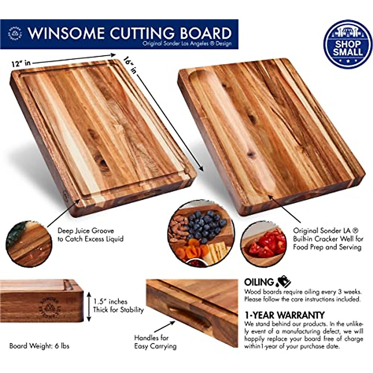 Sonder Los Angeles, Thick Sustainable Acacia Wood Cutting Board for Kitchen with Juice Groove, Sorting Compartment, Charcuterie 16x12x1.5 in (Gift Box Included)
