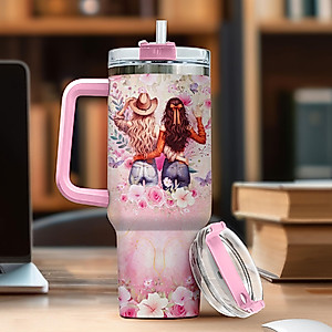 99OWL Tumbler 40 Oz With Handle Lid And Straw, Bestie No Matter Floral, Coffee From For Modern Handle Cups Women Funny Simple Butterfly Stainless Tumblers Rose