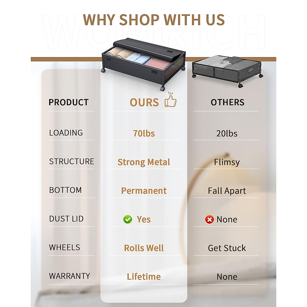 WOMRICH Under Bed Storage Containers with Wheels, Under Bed Shoe Storage, Under the Bed Storage Drawers Bins, Extra Large Under Bed Rolling Storage Organizer for Bedroom, 2 Packs Black