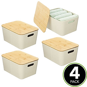 mDesign Modern Fabric Covered Basket with Lid - Stacking Decorative Storage Bin Box with Bamboo Cover for Closet, Living Room, Kitchen, Office Shelf - Holders for Clothing/Accessories, 4 Pack, Cream