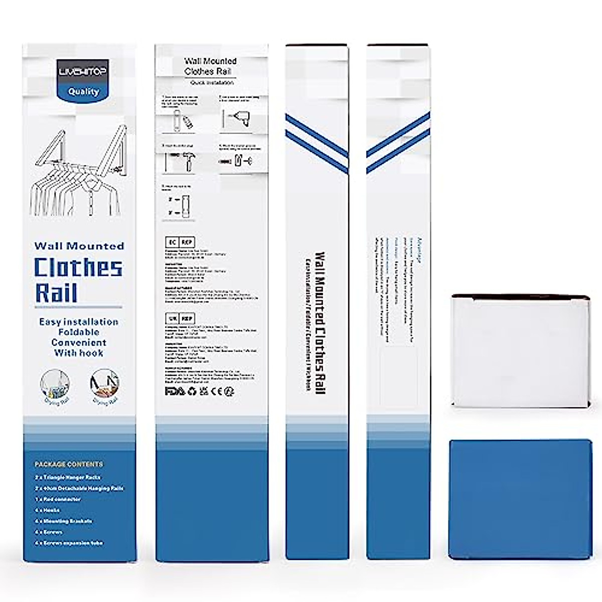 LIVEHITOP Wall Mounted Clothes Rack 2 Pcs, Folding Coat Hanger Dryer Hanging Rail Rod Wardrobe Hooks for Bathroom Balcony RV Indoor Outdoor (Silver, Rod)